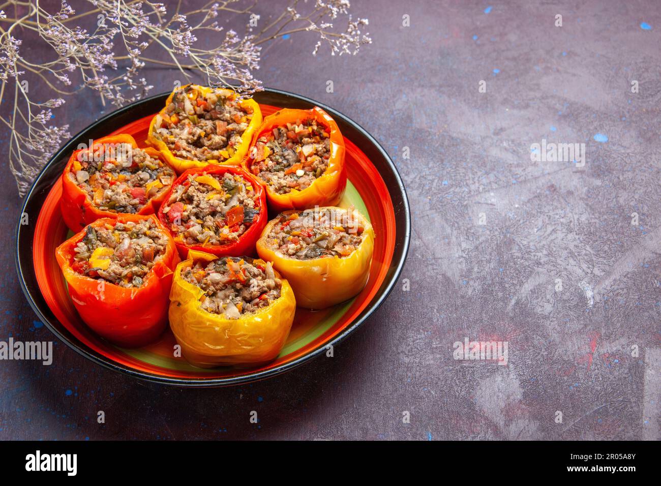 top view cooked bell-peppers on the grey background food dolma ...