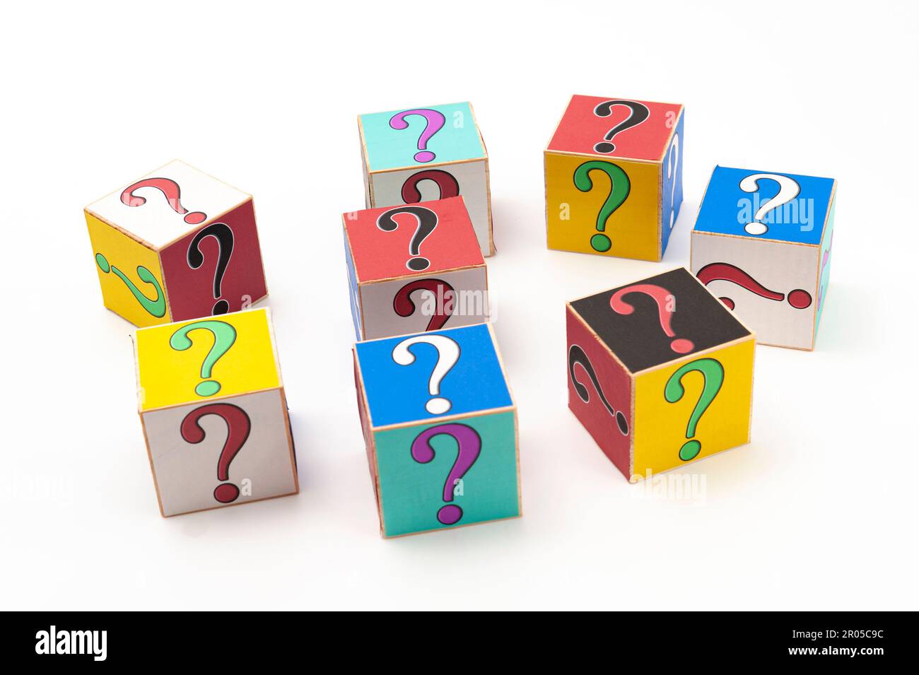 Question mark written on wooden blocks isolated on white background in ...