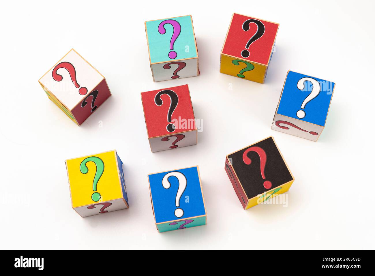 Question mark written on wooden blocks isolated on white background in ...