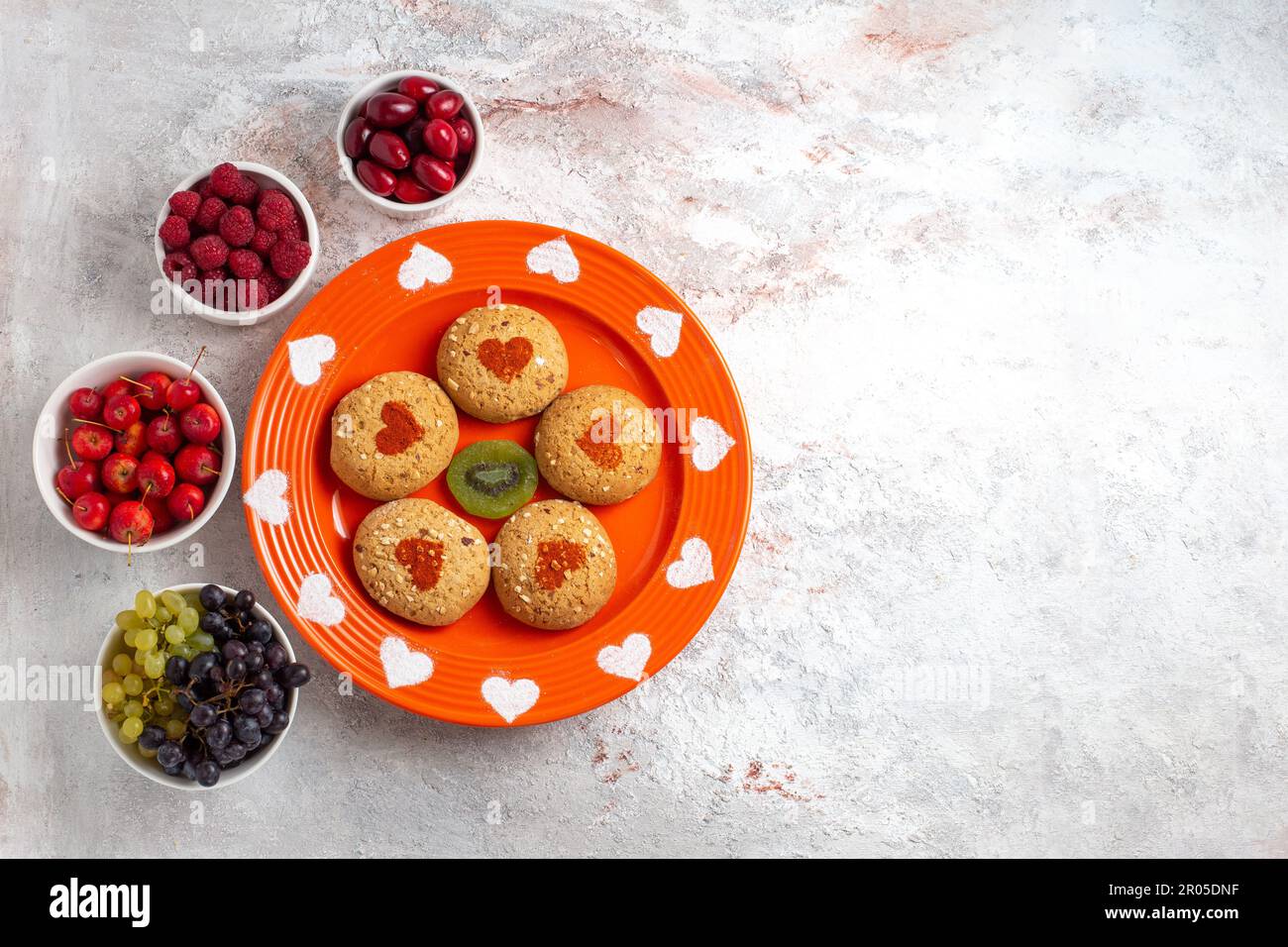 top view round sugar cookies with fruits on white background cookie ...