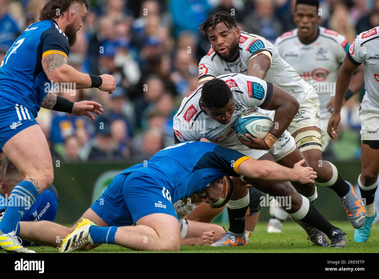 Dublin, Ireland. 06th May, 2023. Ntuthuko Mchunu of Sharks tackled by ...