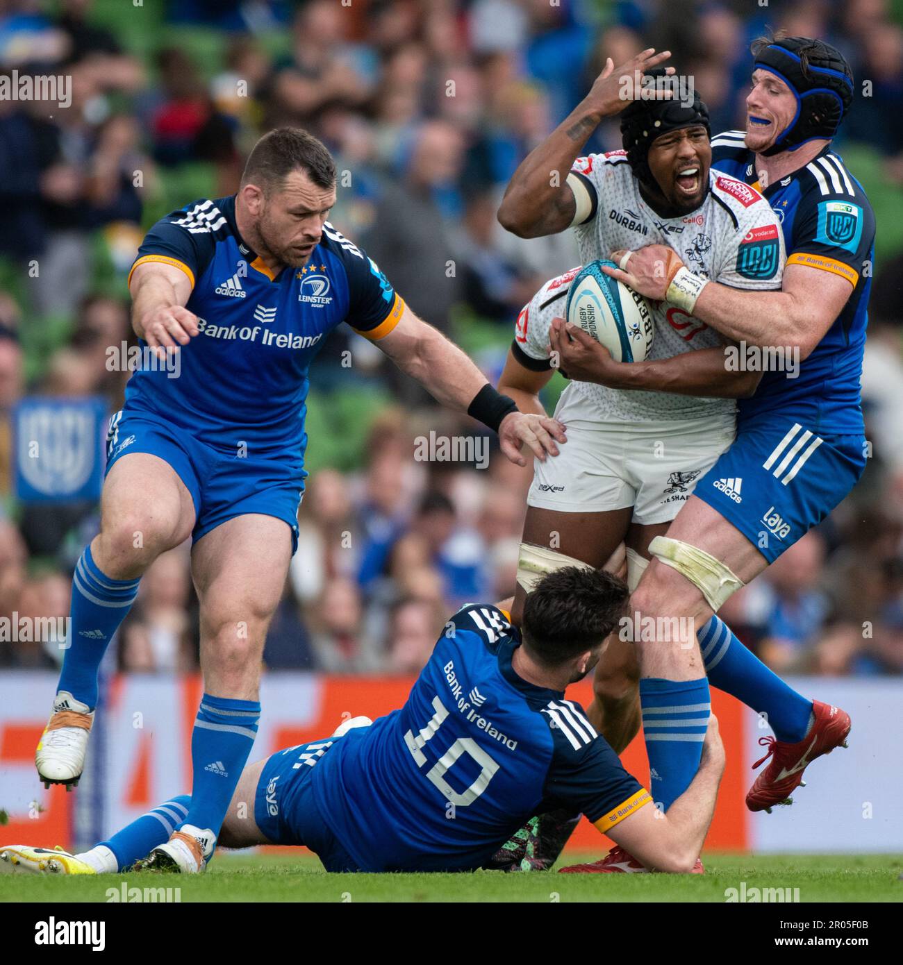 Dublin, Ireland. 06th May, 2023. Sikhumbuzo Notshe of Sharks tackled by Ryan Baird of Leinster ...
