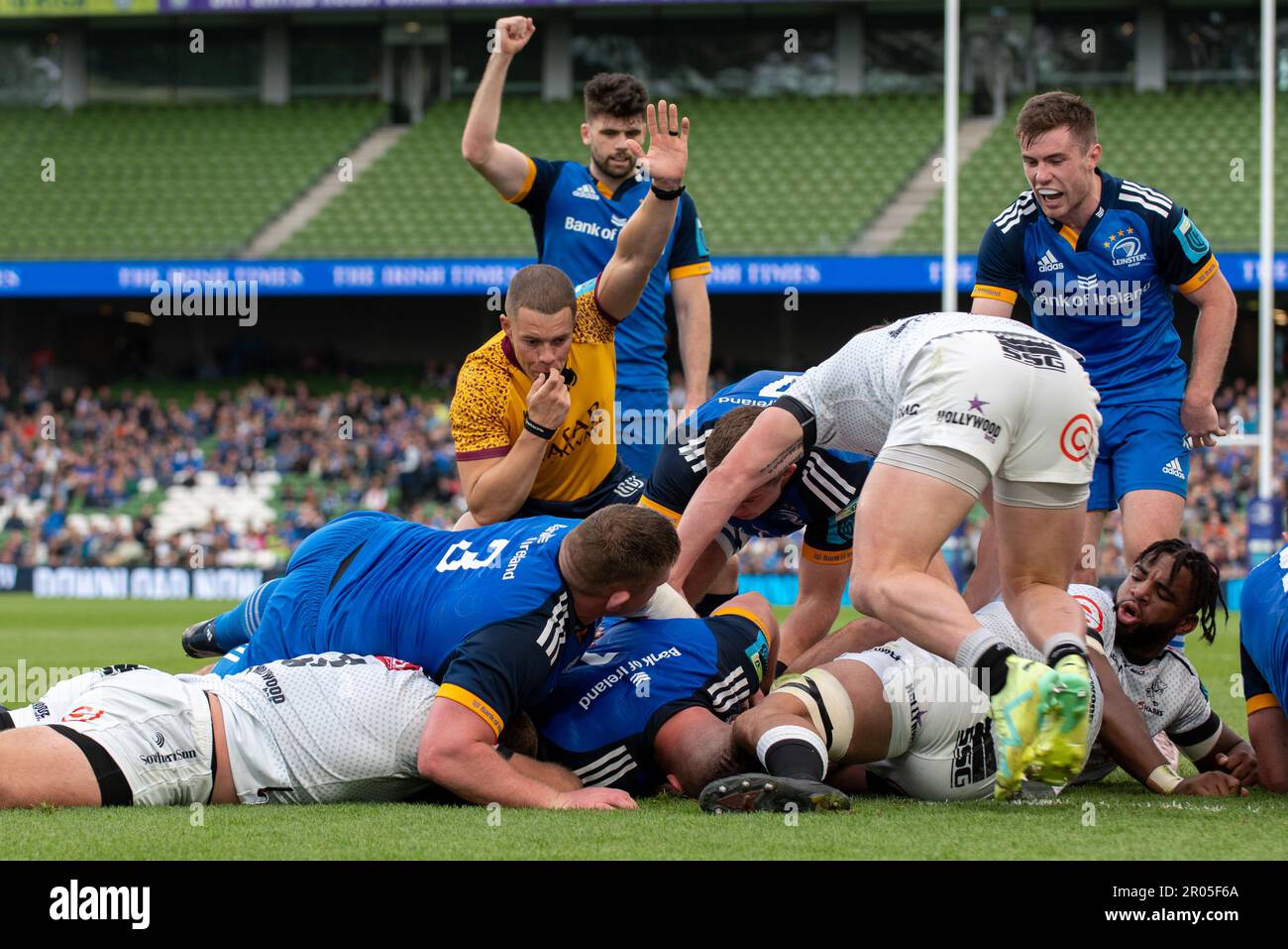 Dublin, Ireland. 06th May, 2023. Michael Milne of Leinster scores a try ...