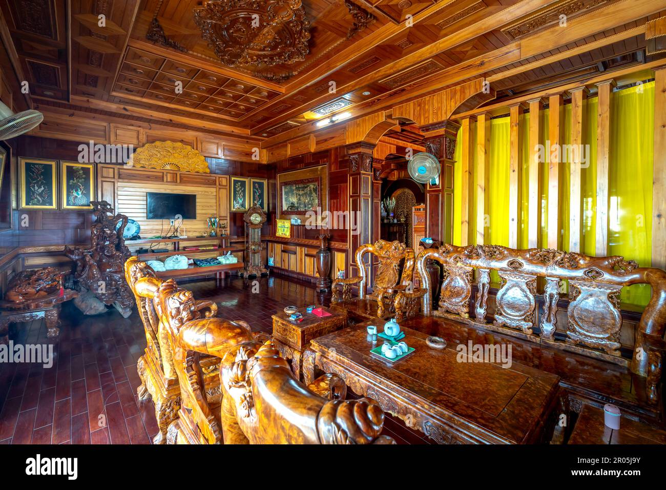 A view of the interior of a room decorated entirely with wood in ...
