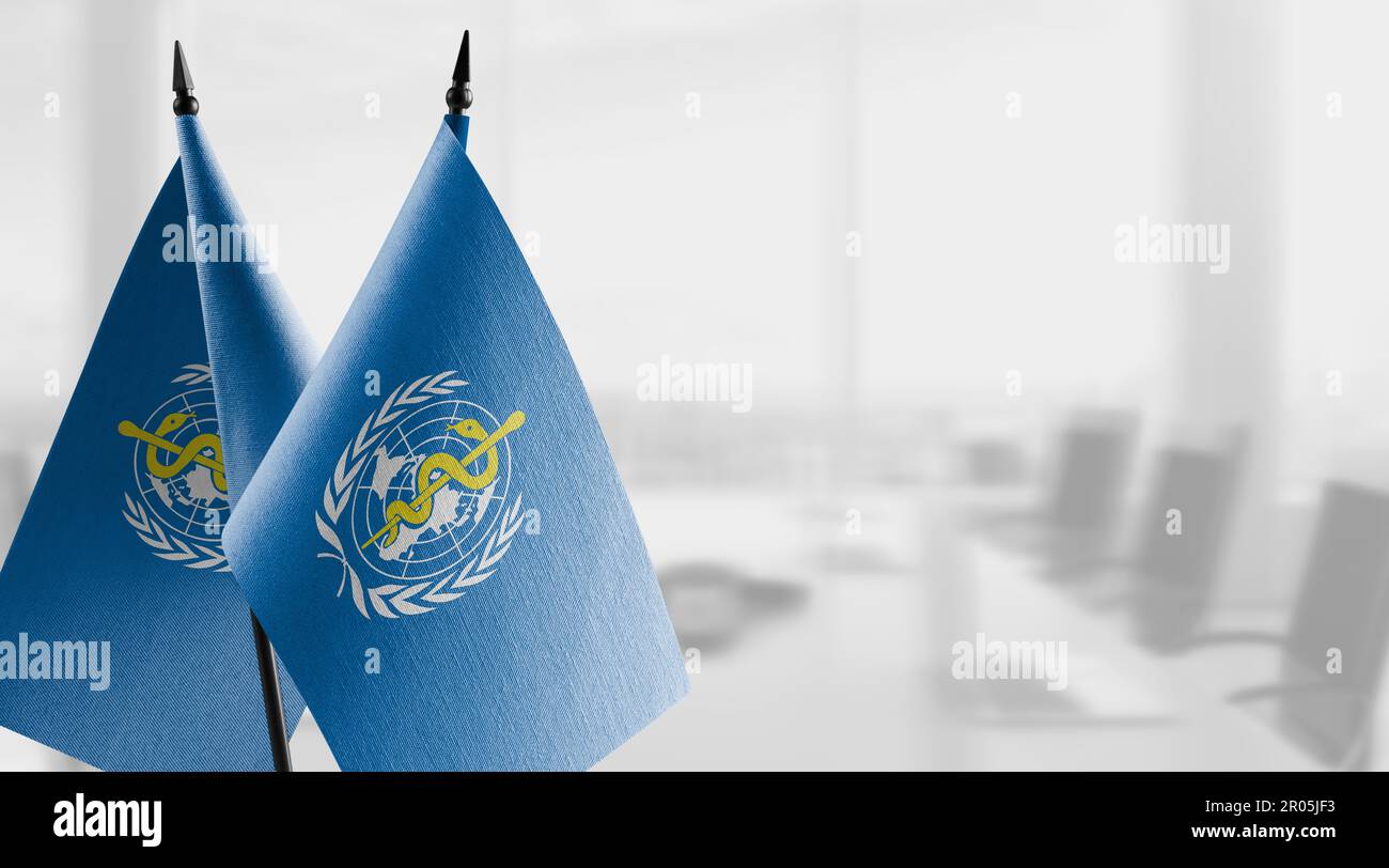 Small flags of the World Health Organization WHO on an abstract blurry ...