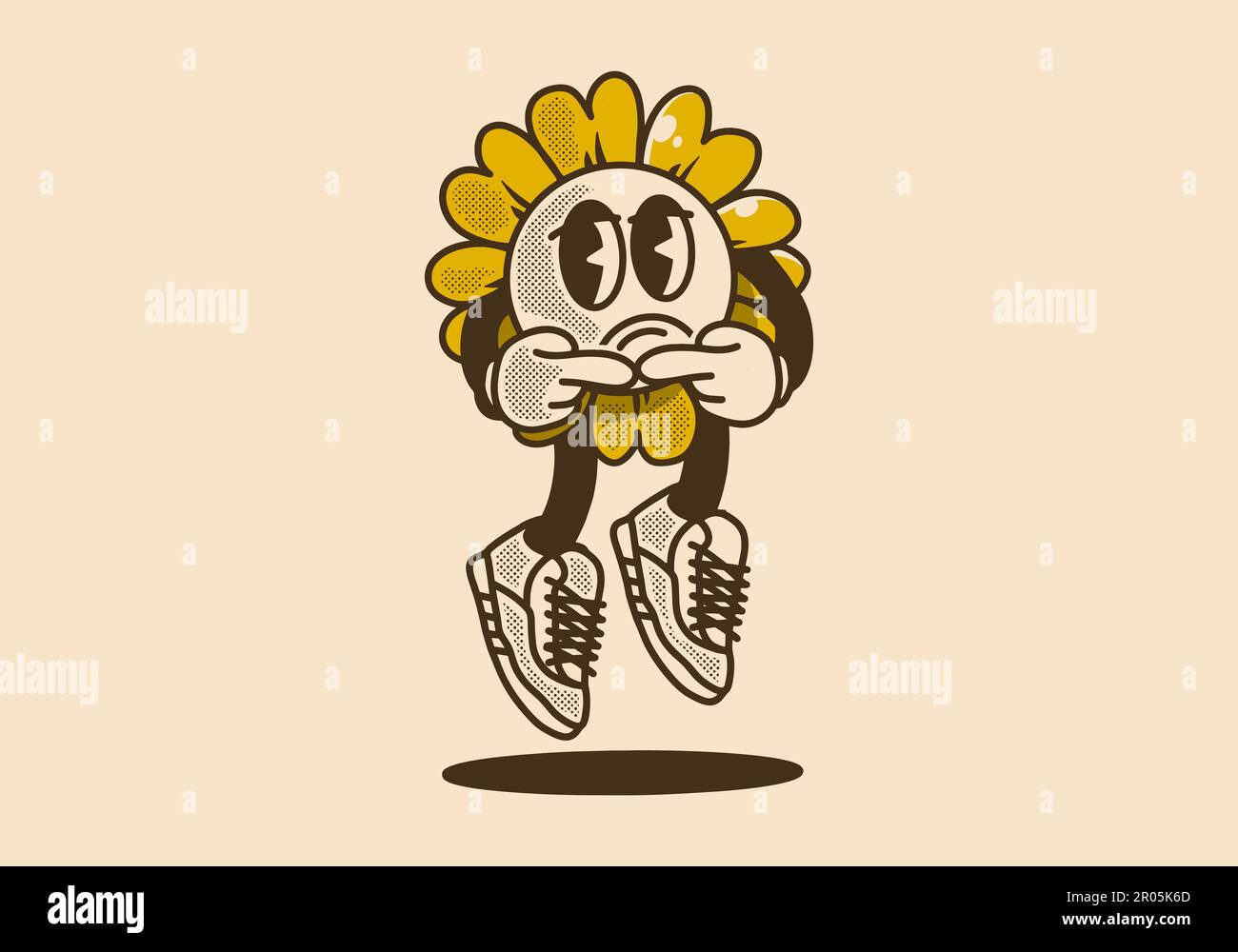Sunflower mascot character design with sad expression in vintage style ...