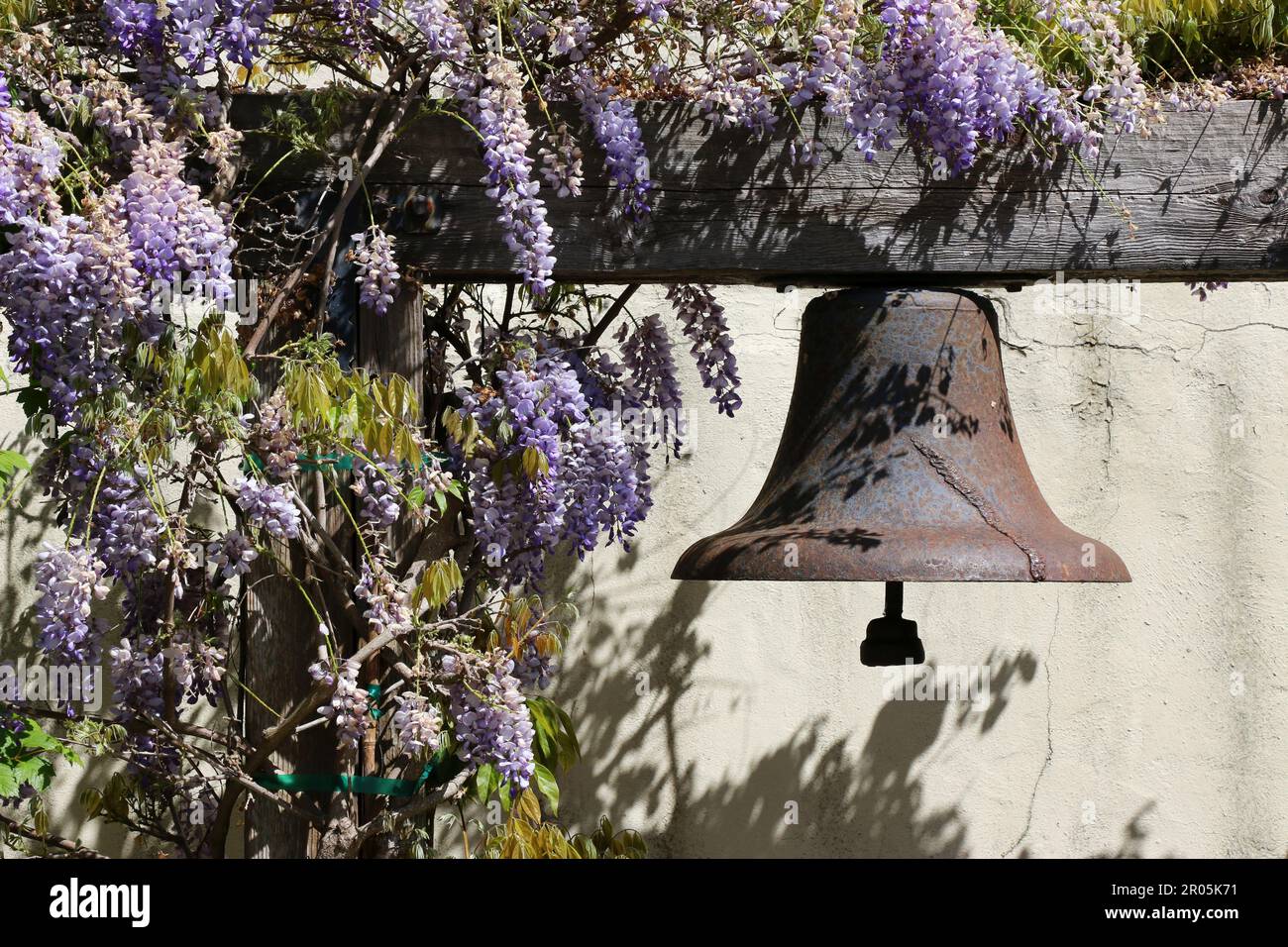 Old, rusted bell suspended from a weathered wood beam with trailing ...