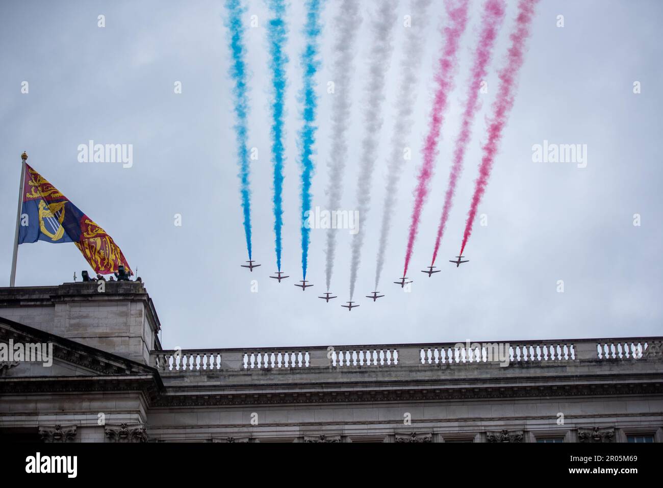 London, UK. 06th May, 2023. The flypast over Buckingham Palace during ...