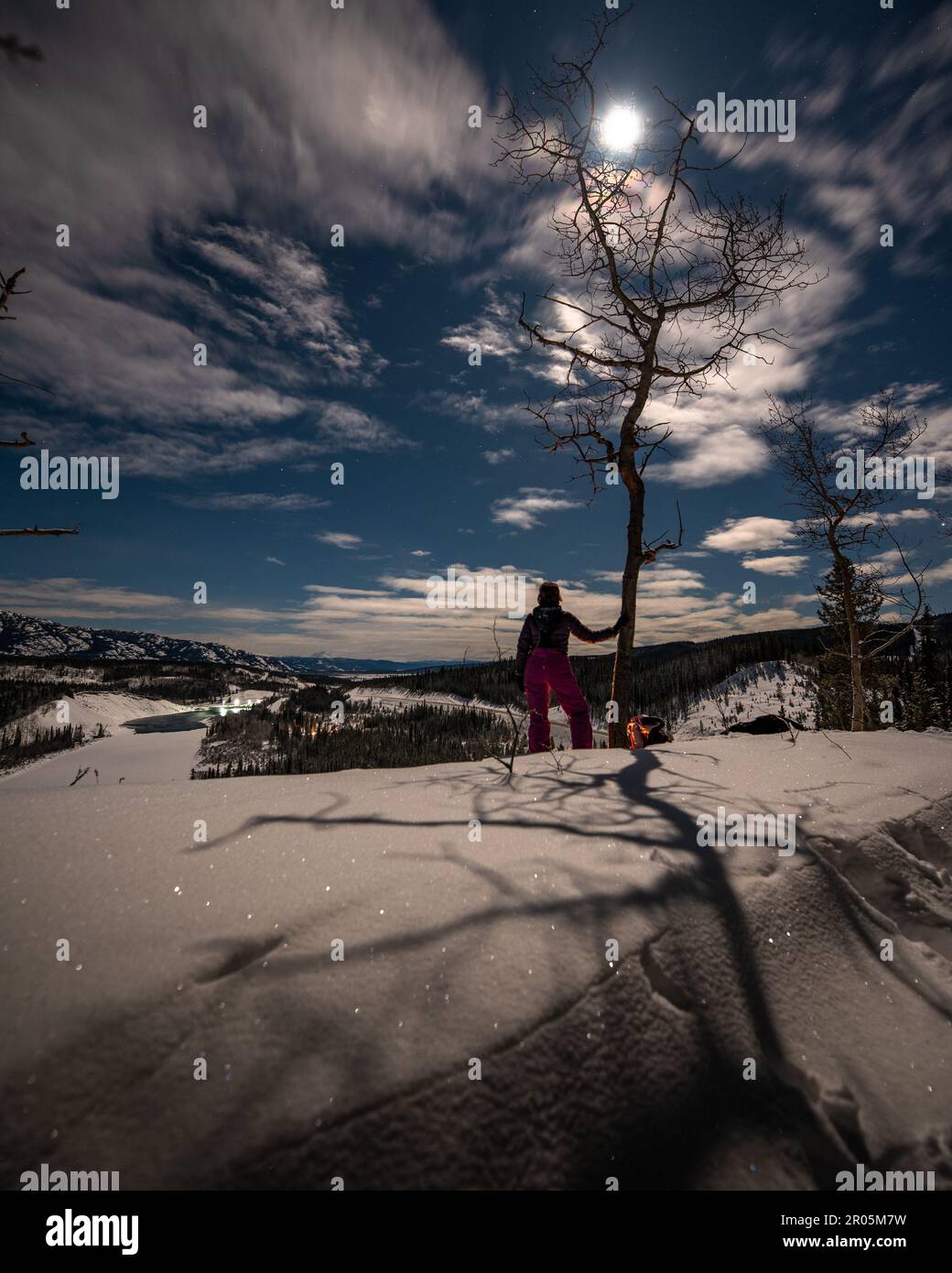 Night time scene of a winter road in northern Canada, Yukon Territory ...