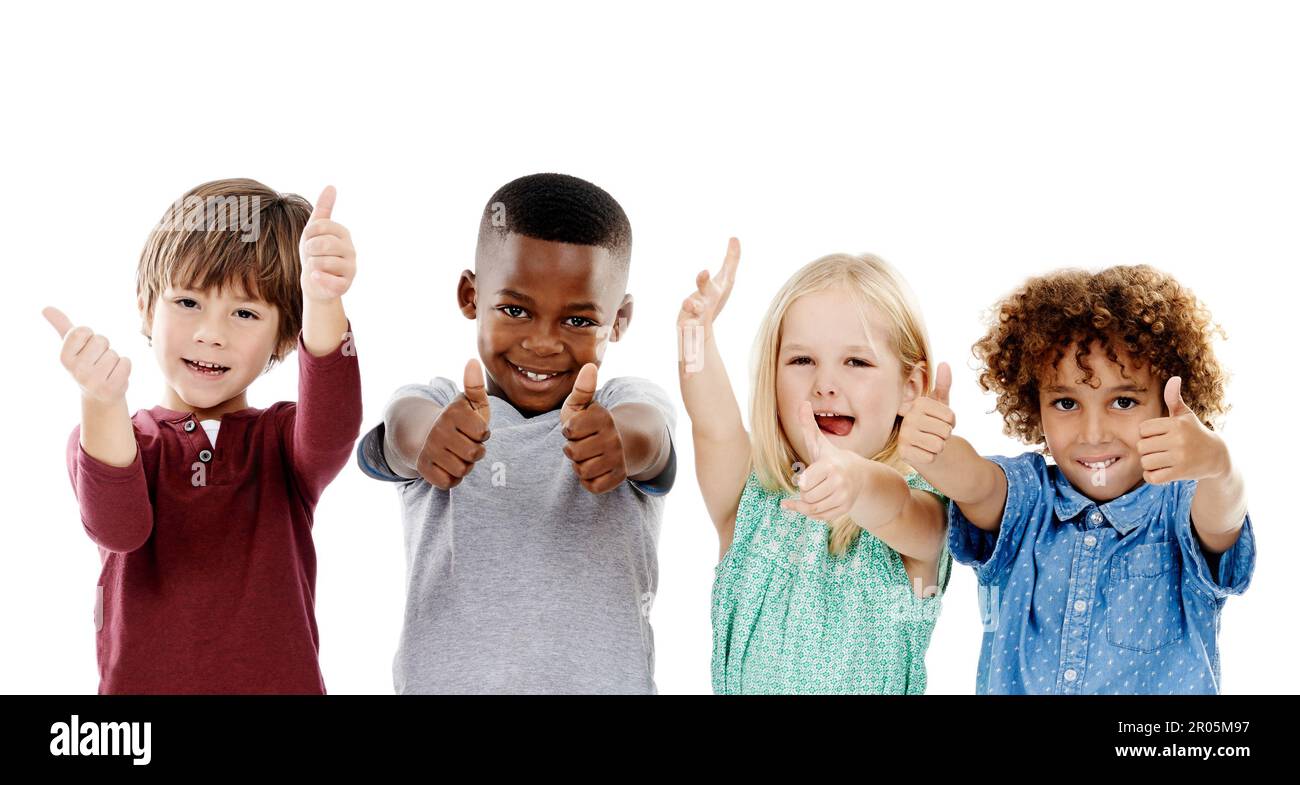 Children, group and thumbs up for diversity in studio portrait with ...