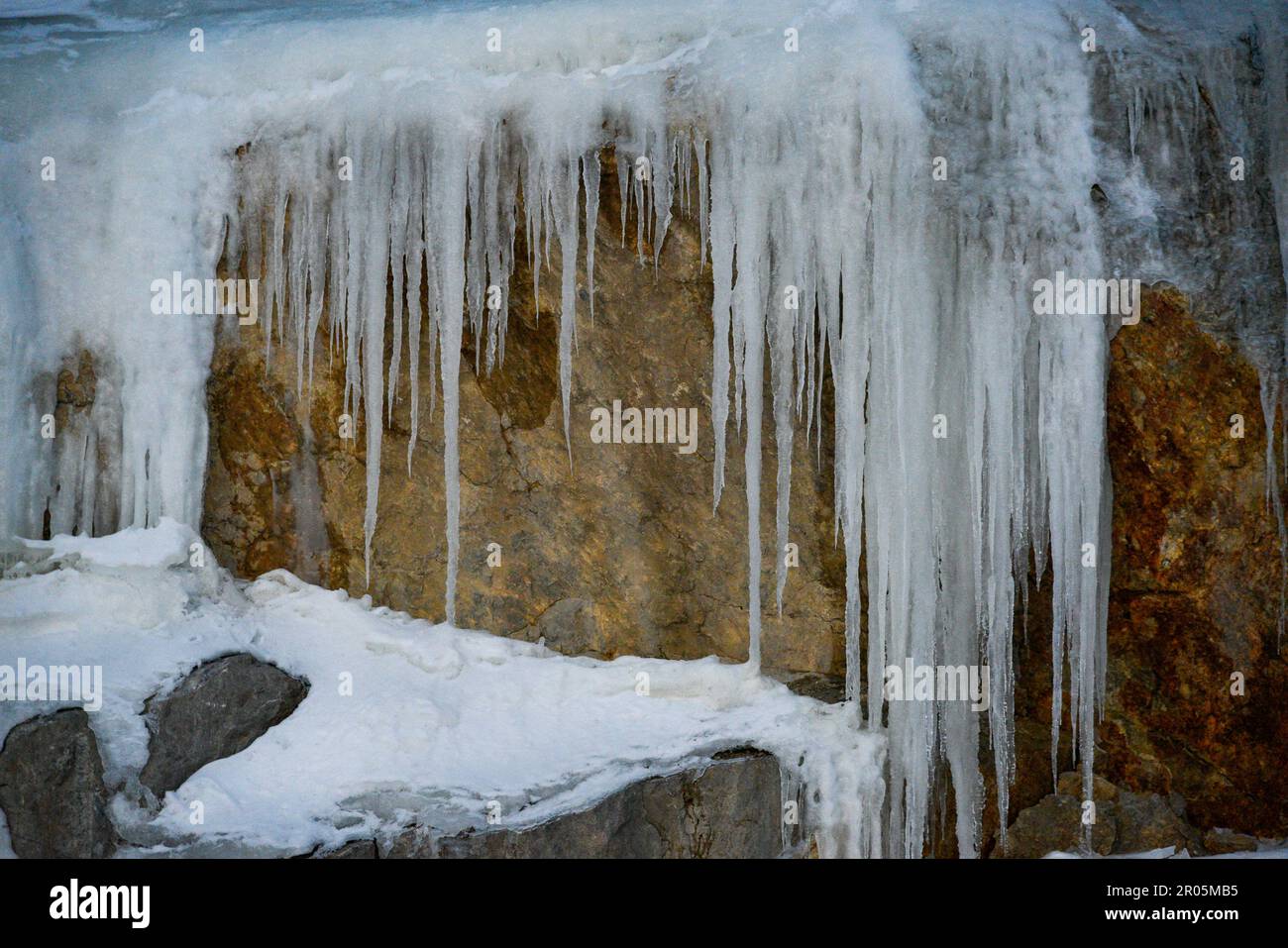 Natural frozen waterfalls seen in winter season near Whitehorse in ...