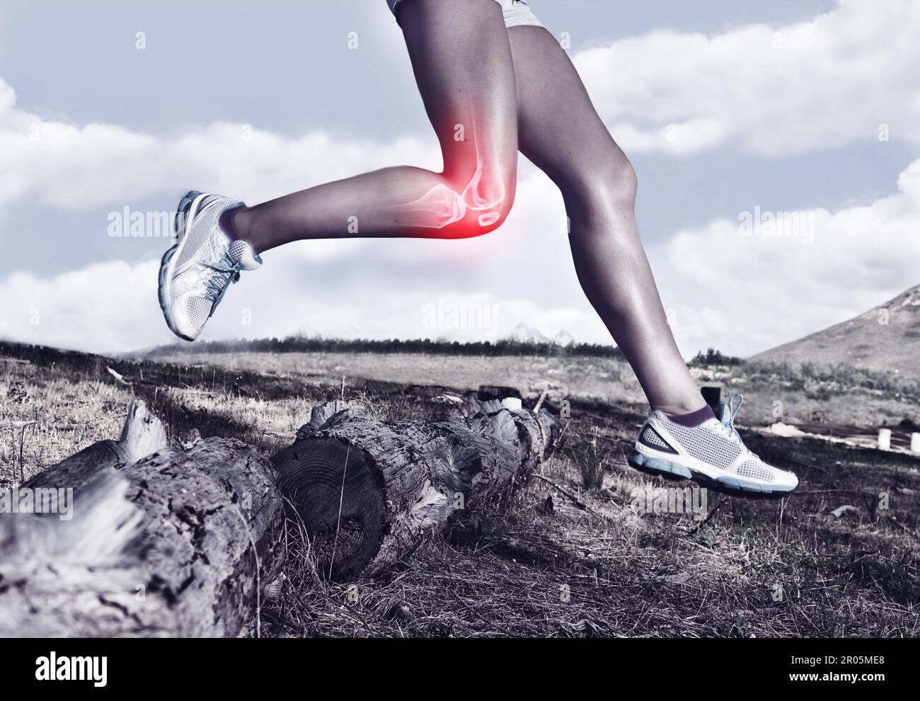 Legs of woman running, red and knee pain with overlay, fitness and ...