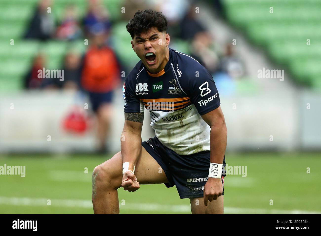 Noah Lolesio of the Brumbies celebrates a try during the Super Rugby ...