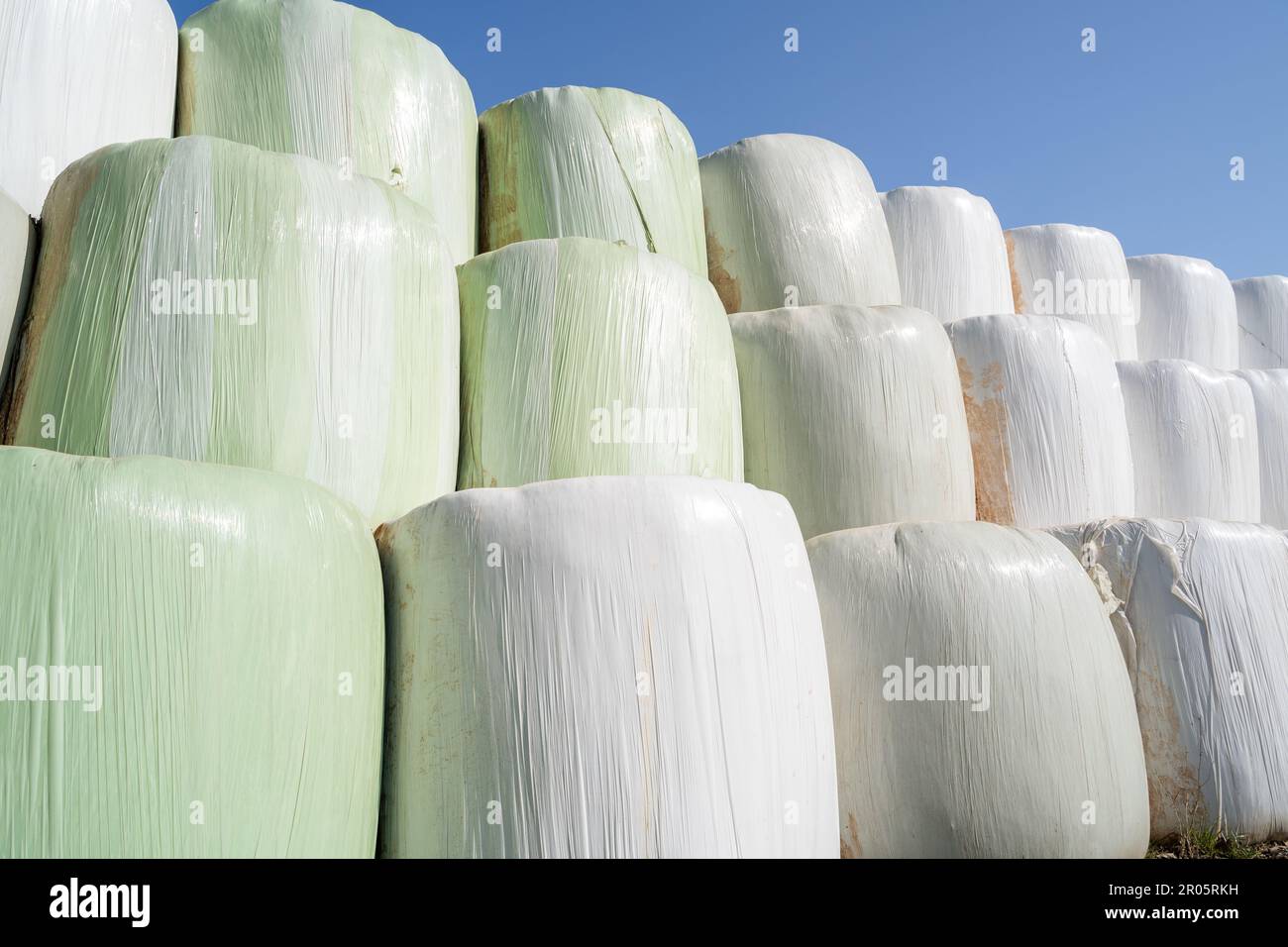 Wrapped and stacked hay bales with blue sky in the background Stock ...