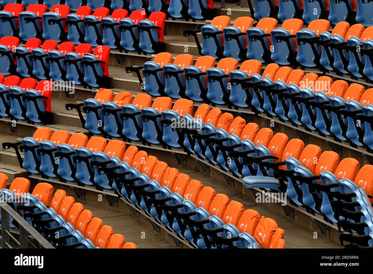 Stadium seats are covered in the colours of the Pride flag during the ...