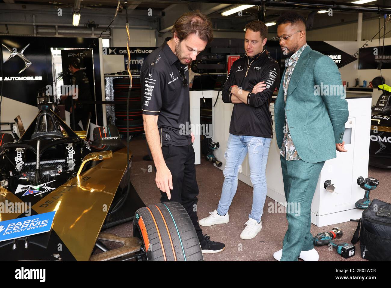 Patrice Evra, Jean Eric Vergne pose along the pit lane of Monaco E-Prix ...