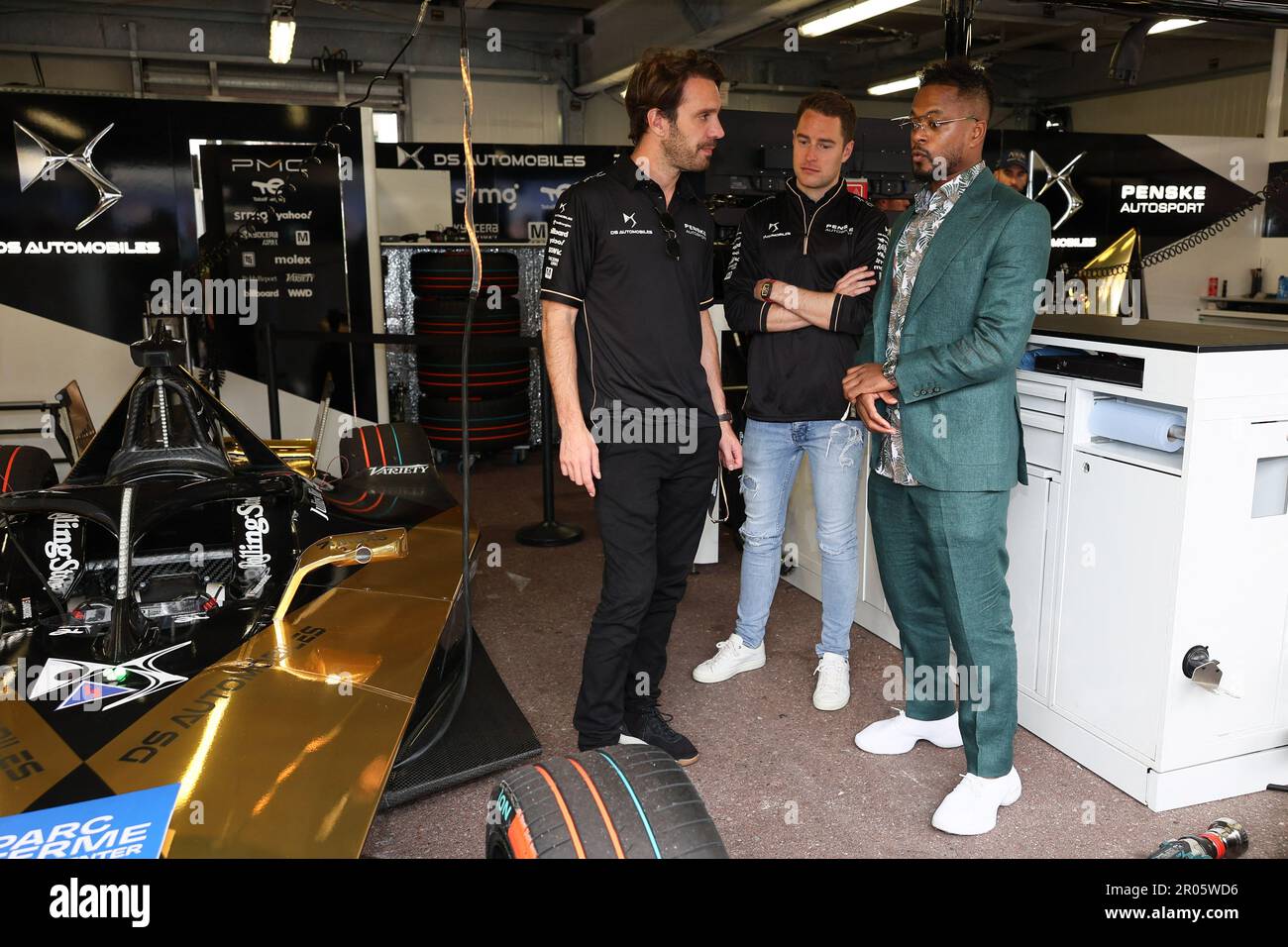 Patrice Evra, Jean Eric Vergne pose along the pit lane of Monaco E-Prix ...