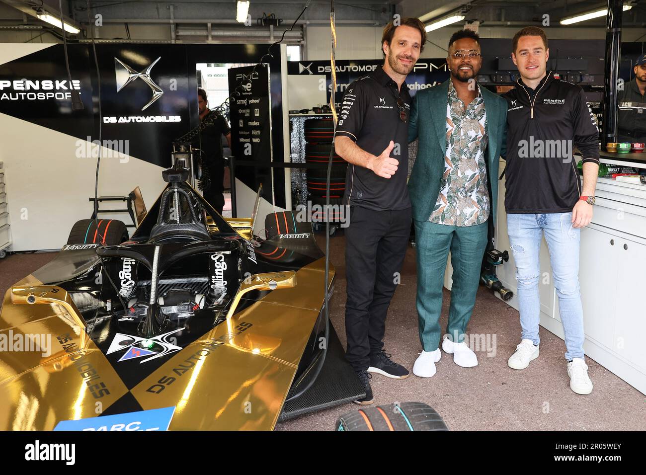 Patrice Evra, Jean Eric Vergne pose along the pit lane of Monaco E-Prix ...