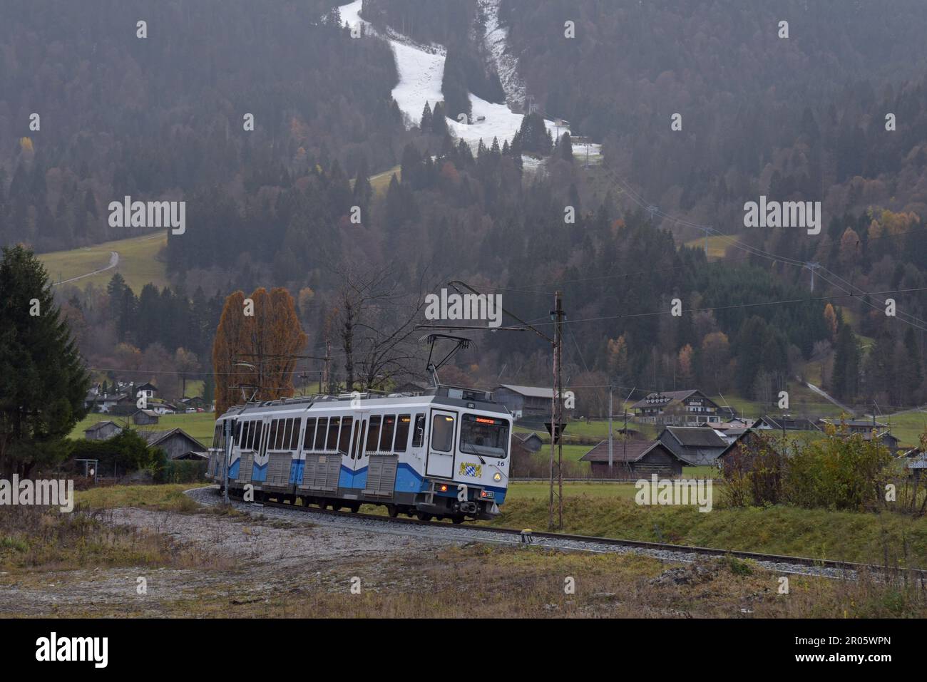 A rack or cog railway train fitted with external ski racks on the ...