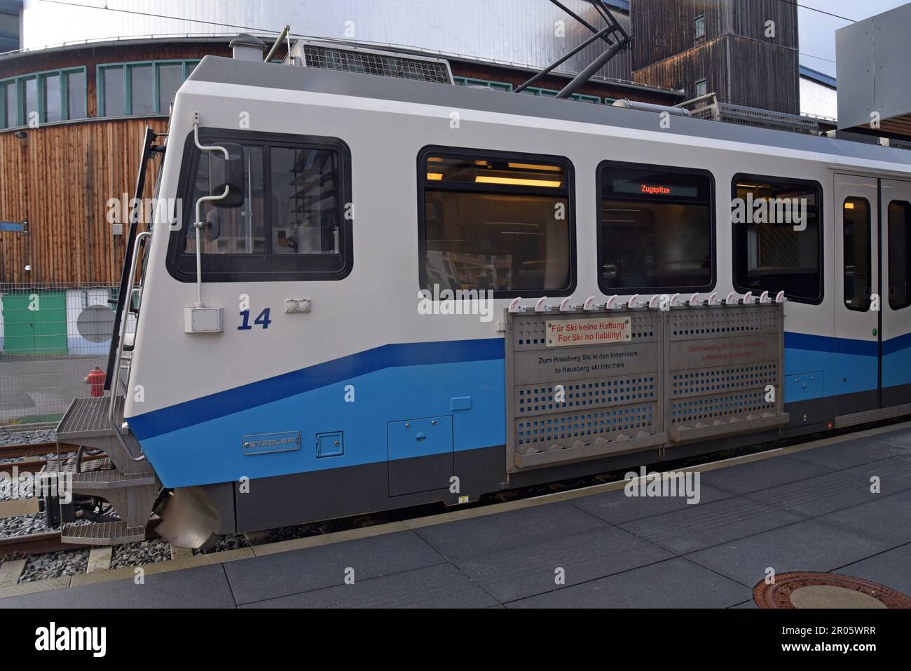 A rack or cog railway train fitted with external ski racks on the ...