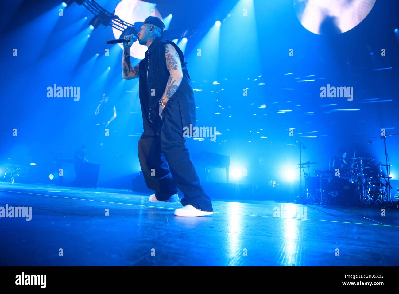 Italian singer rapper Lazza performing on stage at UnipolArena Stock ...