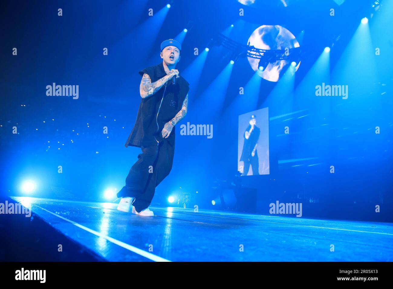 Italian singer rapper Lazza performing on stage at UnipolArena Stock ...