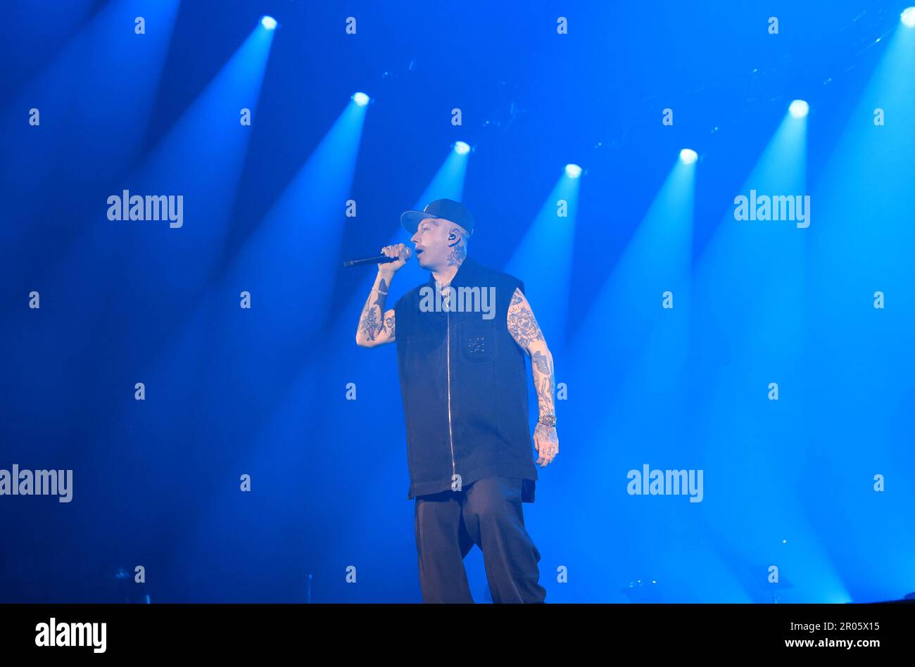 Italian singer rapper Lazza performing on stage at UnipolArena Stock ...