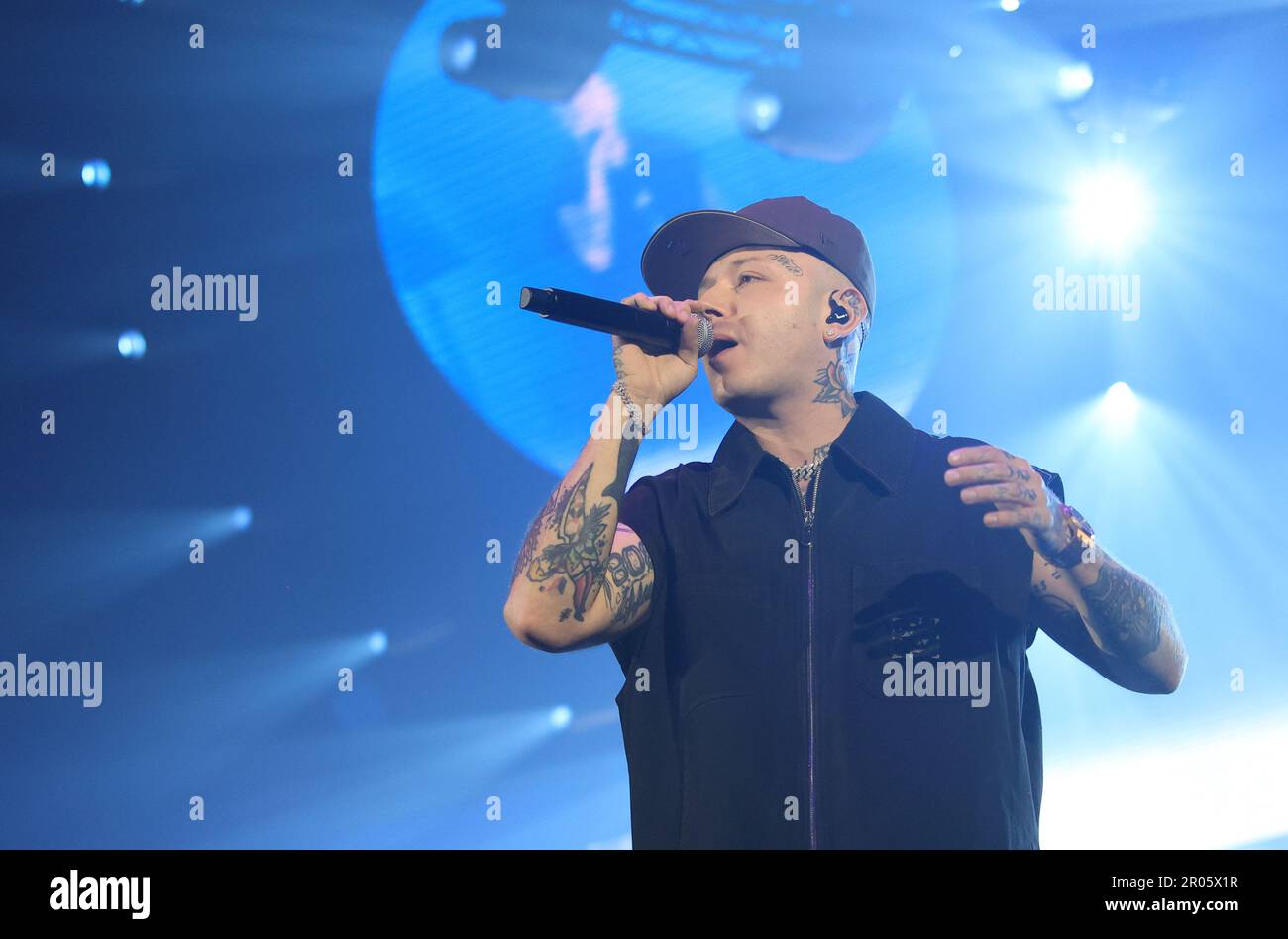 Italian singer rapper Lazza performing on stage at UnipolArena Stock ...