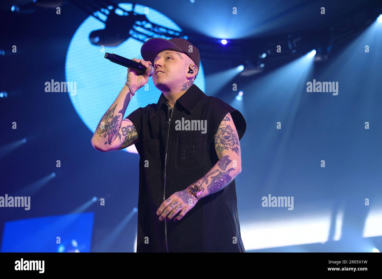 Italian singer rapper Lazza performing on stage at UnipolArena Stock ...