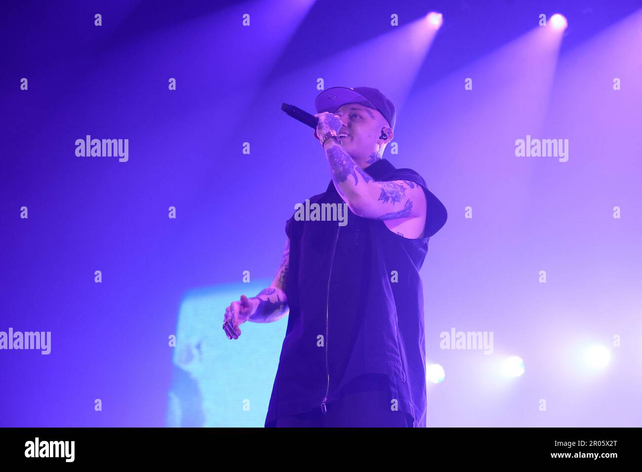 Italian singer rapper Lazza performing on stage at UnipolArena Stock ...