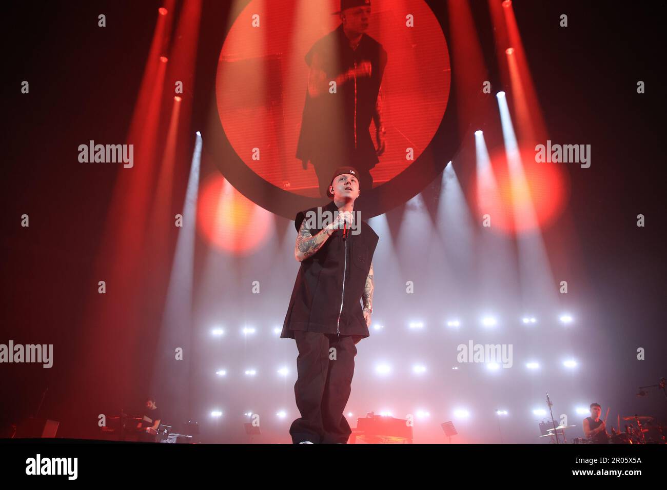 Italian singer rapper Lazza performing on stage at UnipolArena Stock ...