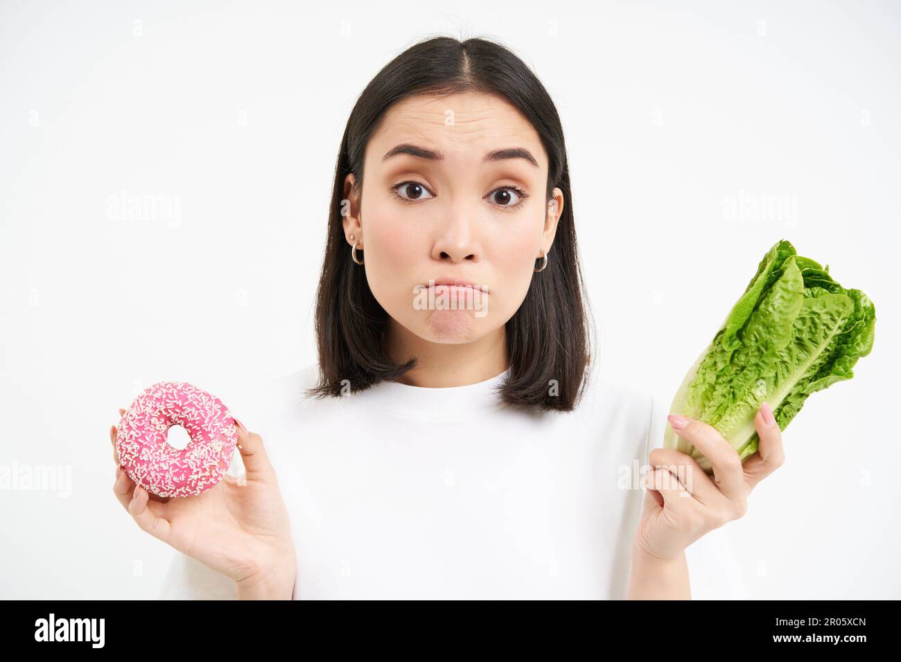 Healthy lifestyle concept. Portrait of sad complicated asian woman ...