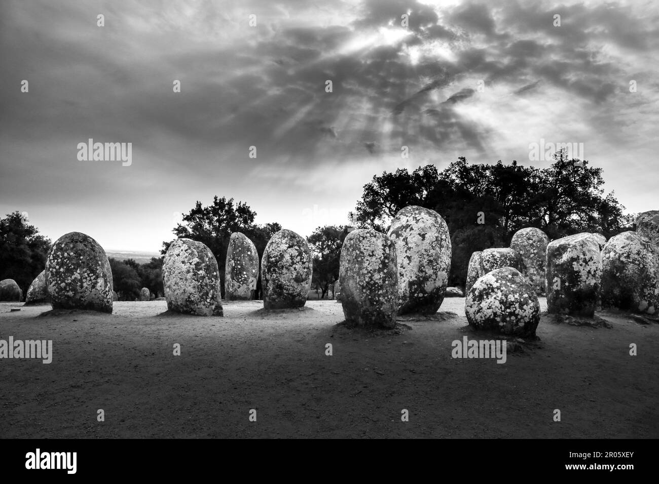 Cromlech almendres megalithic stone Black and White Stock Photos ...