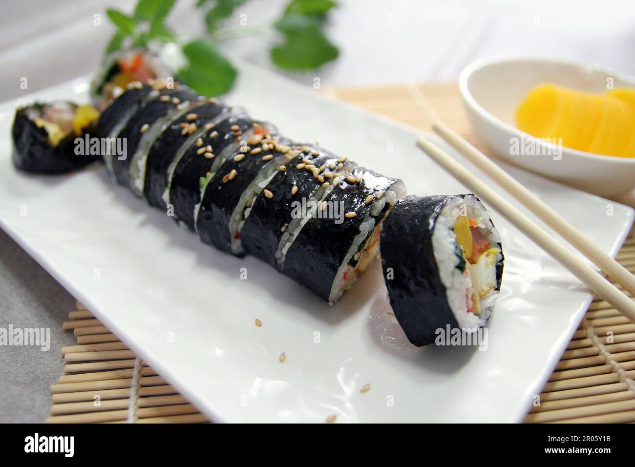 Korean roll Gimbap(kimbob) made from steamed white rice (bap) and ...