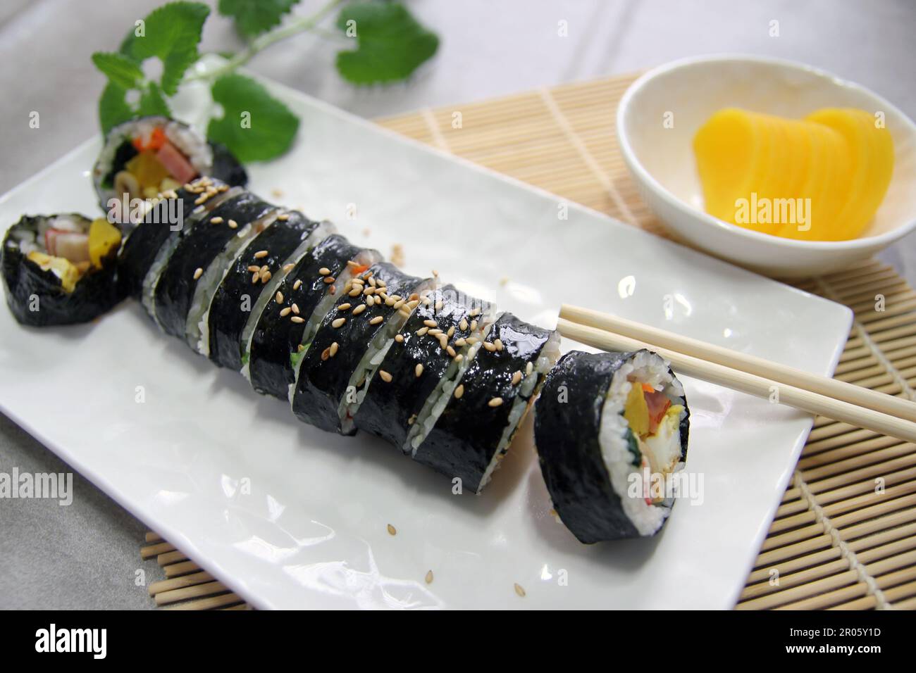 Korean roll Gimbap(kimbob) made from steamed white rice (bap) and ...