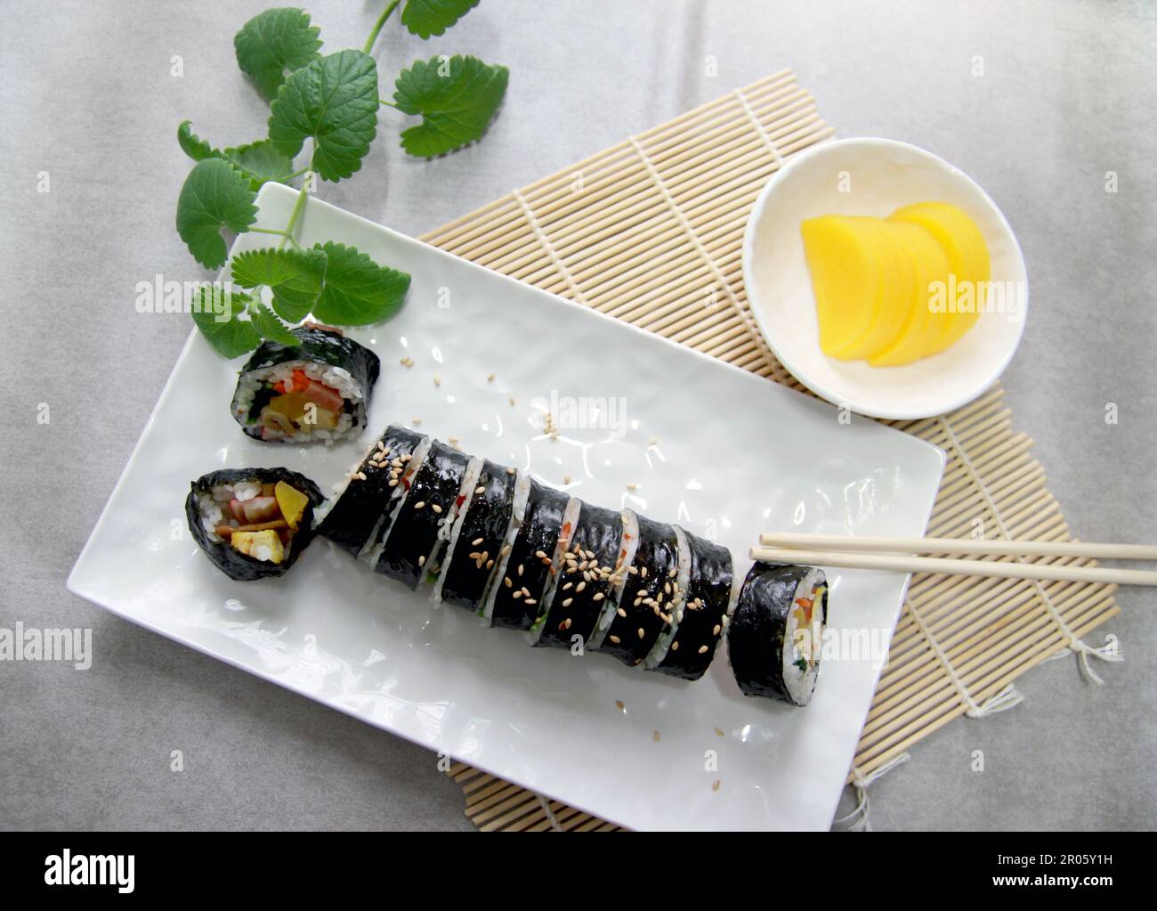 Korean roll Gimbap(kimbob) made from steamed white rice (bap) and ...