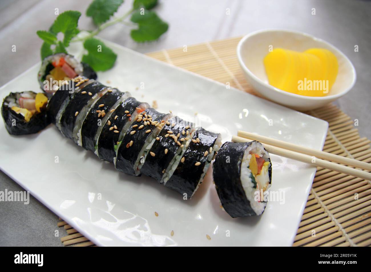 Korean roll Gimbap(kimbob) made from steamed white rice (bap) and ...