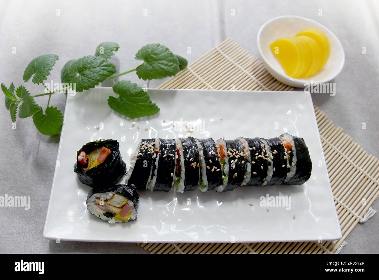 Korean roll Gimbap(kimbob) made from steamed white rice (bap) and ...