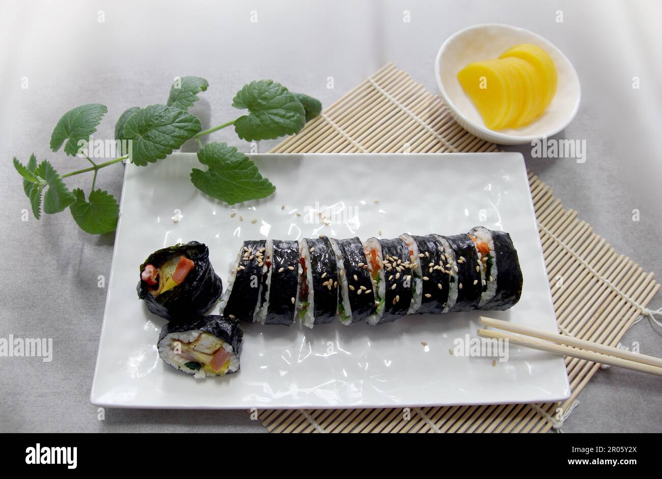 Korean roll Gimbap(kimbob) made from steamed white rice (bap) and ...