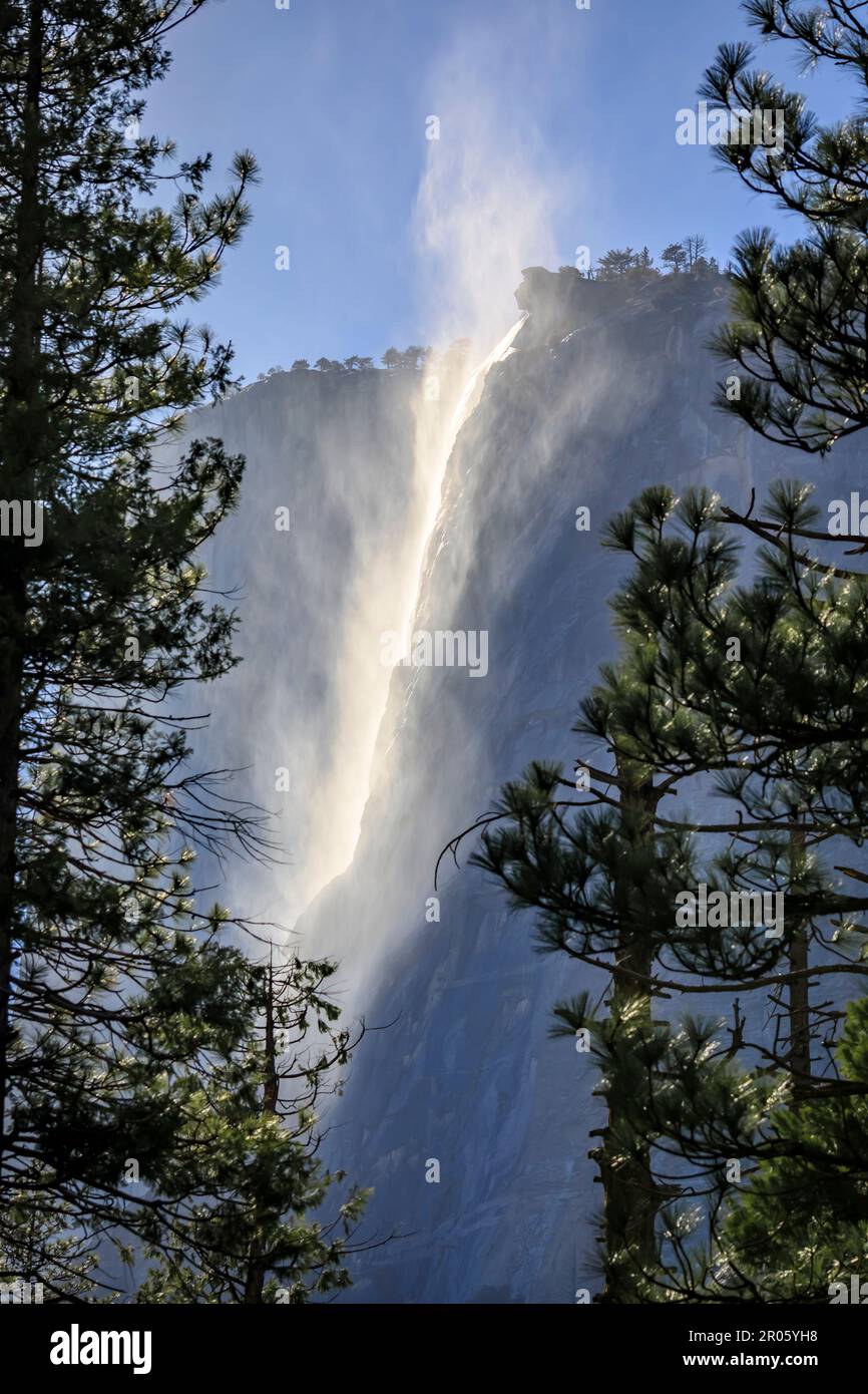 Scenic view of the famous Horsetail Falls with rising mist in the ...