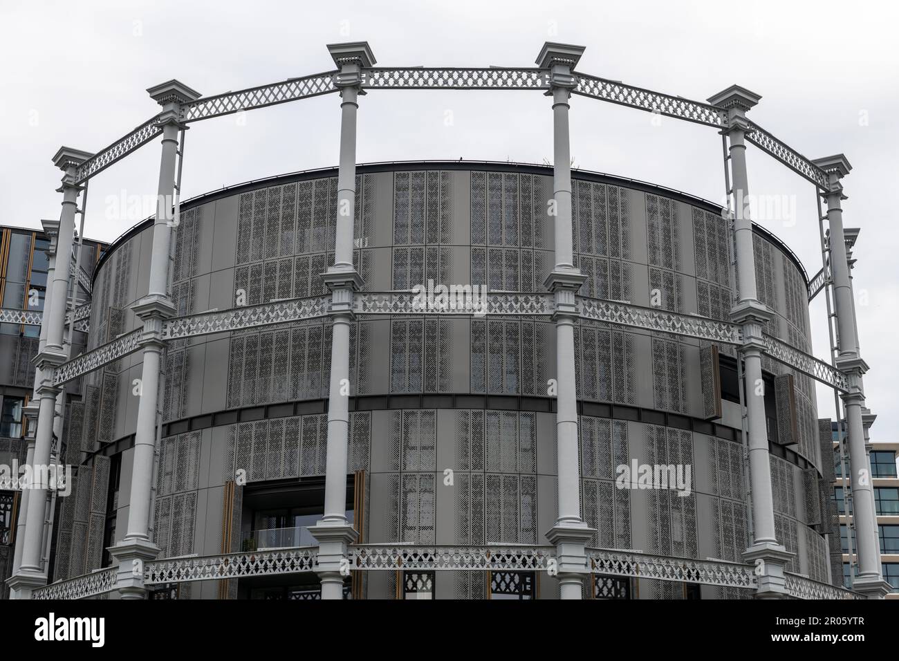 London. UK- 05.04.2023. The facade of Gasholders 10 building ...