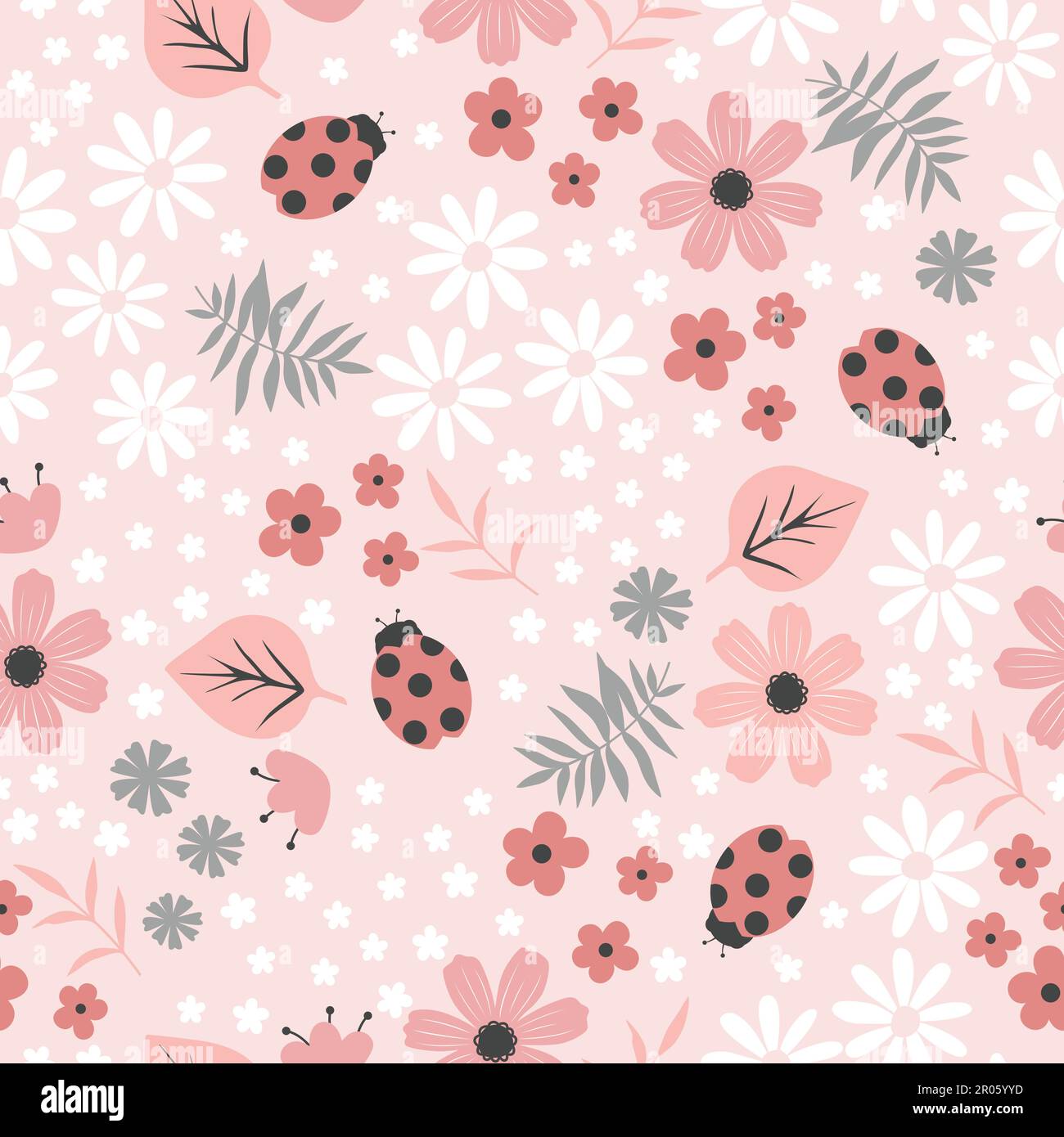 Seamless pink flourish pattern with field flowers, plants and ladybugs ...
