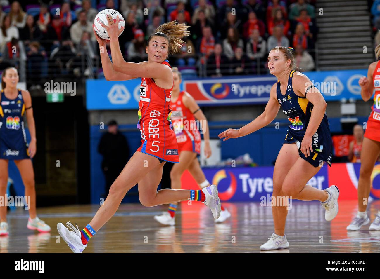 Maddy Proud of the Swifts in action during the Super Netball Round 8 ...