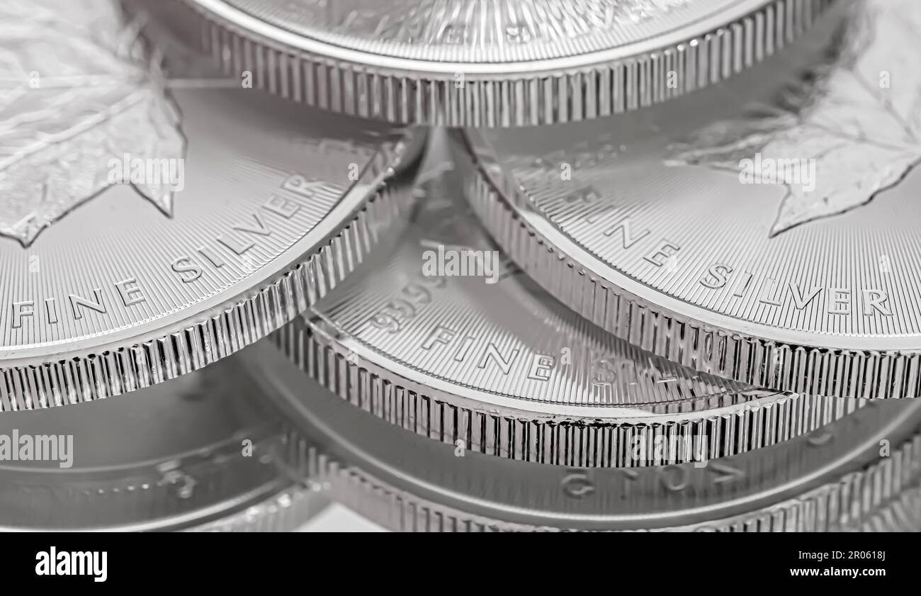 Extreme close up image of a 9999 Silver Canadian Maple Leaf Bullion ...
