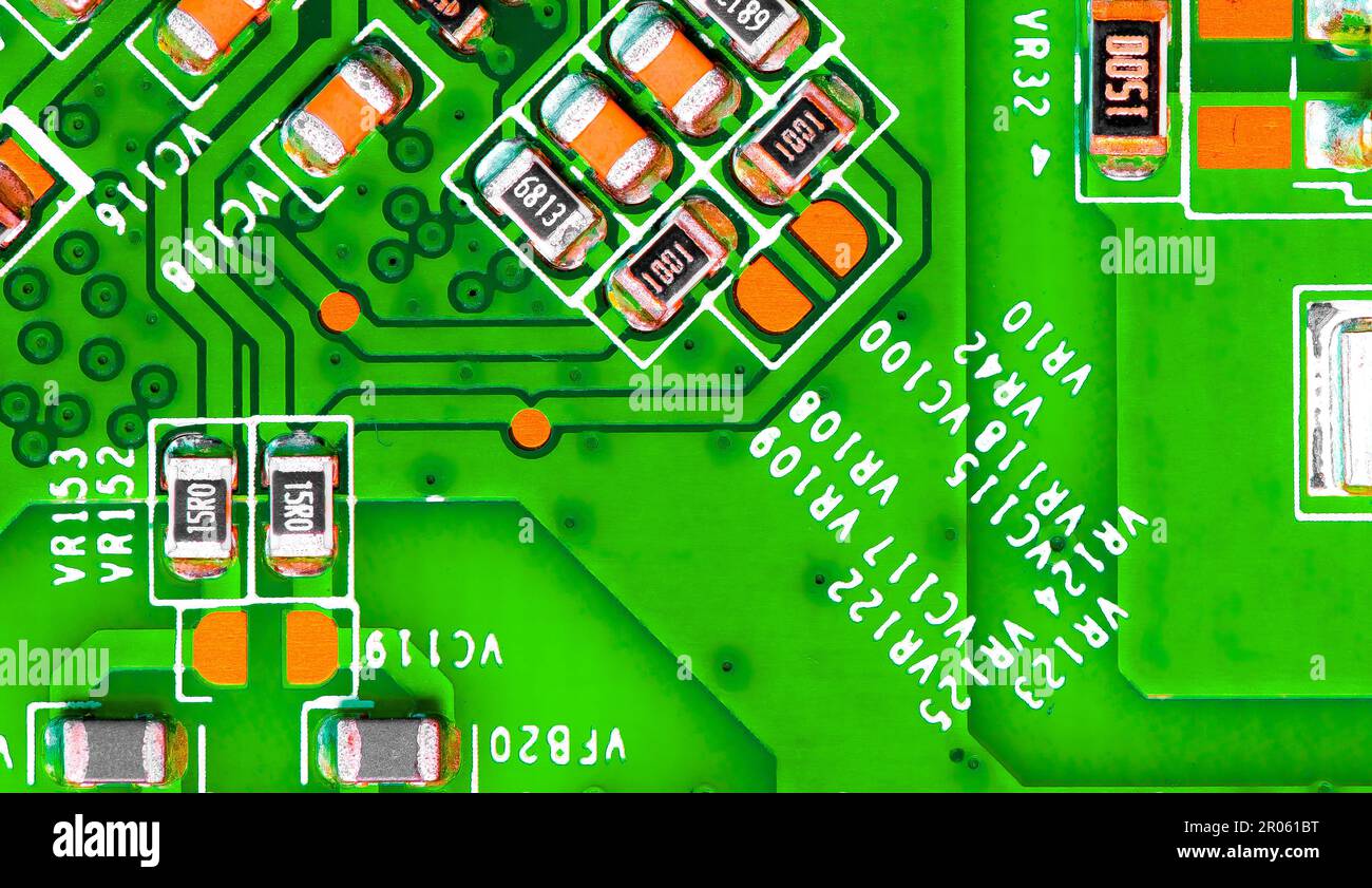 Macro Close up of components and microchips on PC circuit board Stock ...