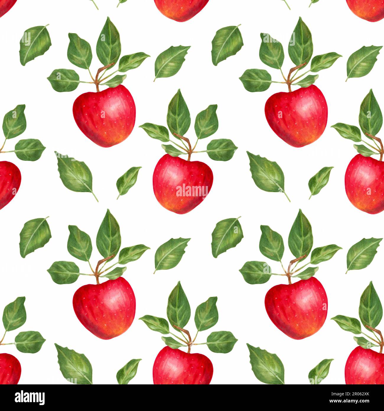 Fruity, seamless pattern of red apples and leaves, on a white ...