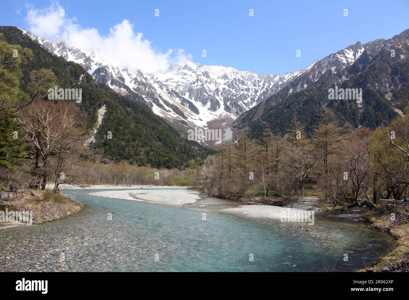 The clear Azusa River and snow-capped Mount Hotaka viewed from Kappa ...