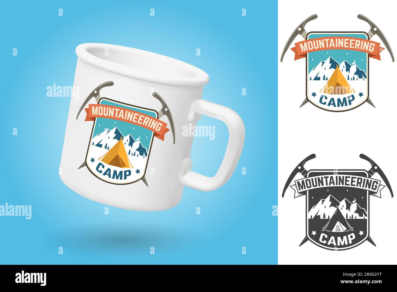 White camping cup. Realistic mug mockup template with sample design ...