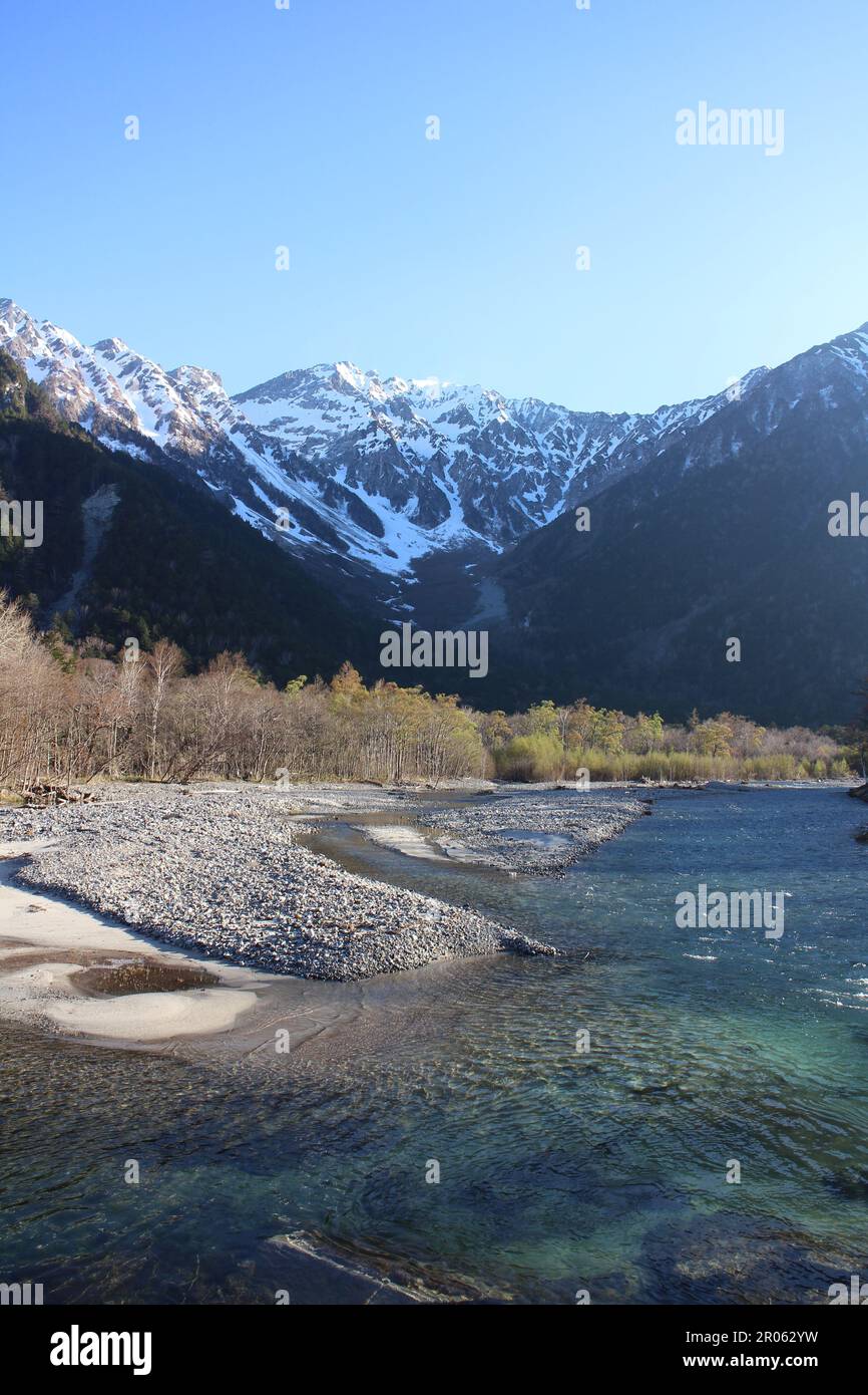 Dawn scenery of Kamikochi with Mount Hotaka and Azusa River, in Japan ...