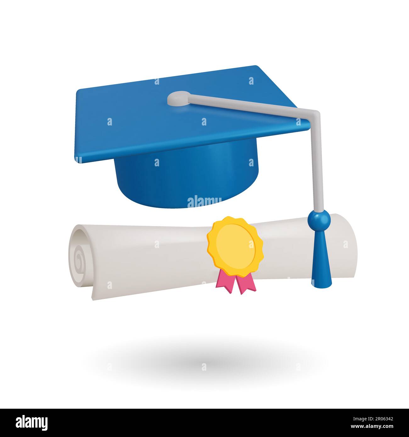 Realistic 3d icon college cap, diploma, close up of paper scroll with ...